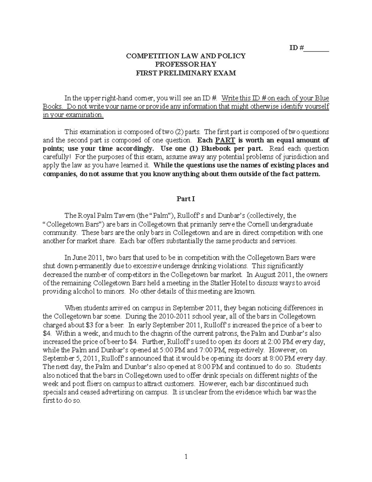 Competition Law and Policy Sample Prelim - 1 ID #_______ COMPETITION ...