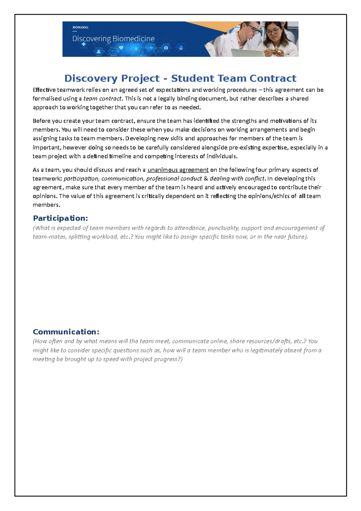 BIOM10001 Discovery+Project+Team+Contract template - Discovery Project ...
