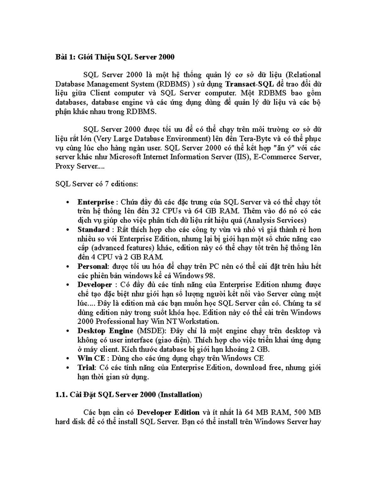SQLServer - Giáo trình cơ sở dữ liệu - Bài 1: Giới Thiệu SQL Server ...