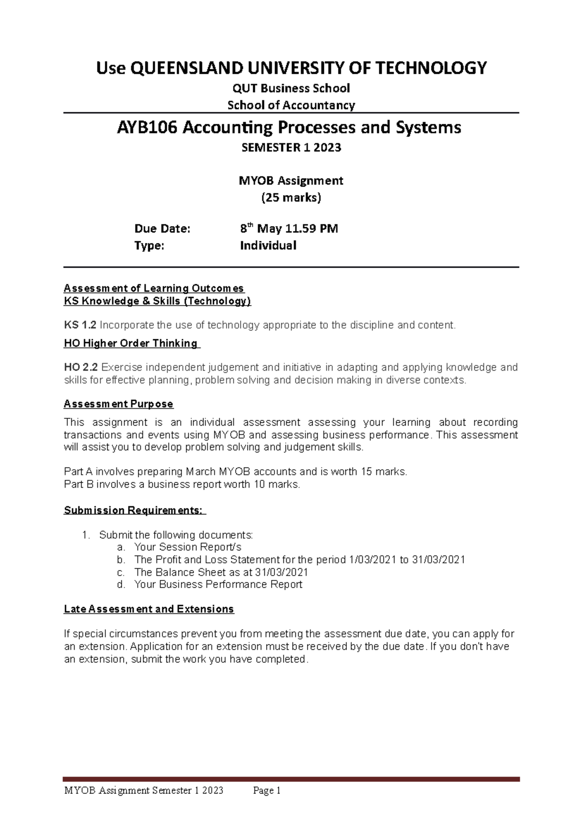 MYOB Assignment Final Sem 1 2023-1 - Use QUEENSLAND UNIVERSITY OF ...