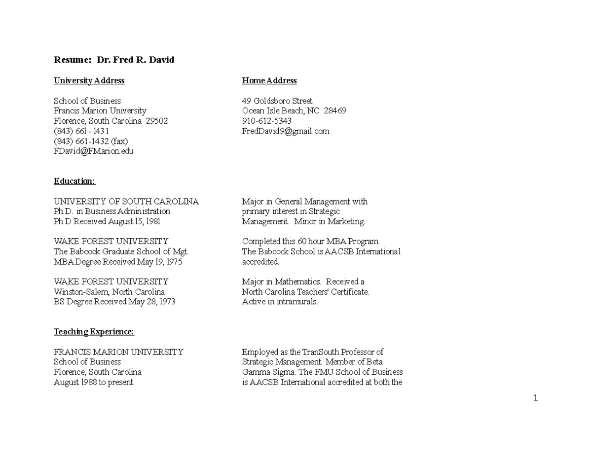 Fred David Information - Resume: Dr. Fred R. David University Address ...