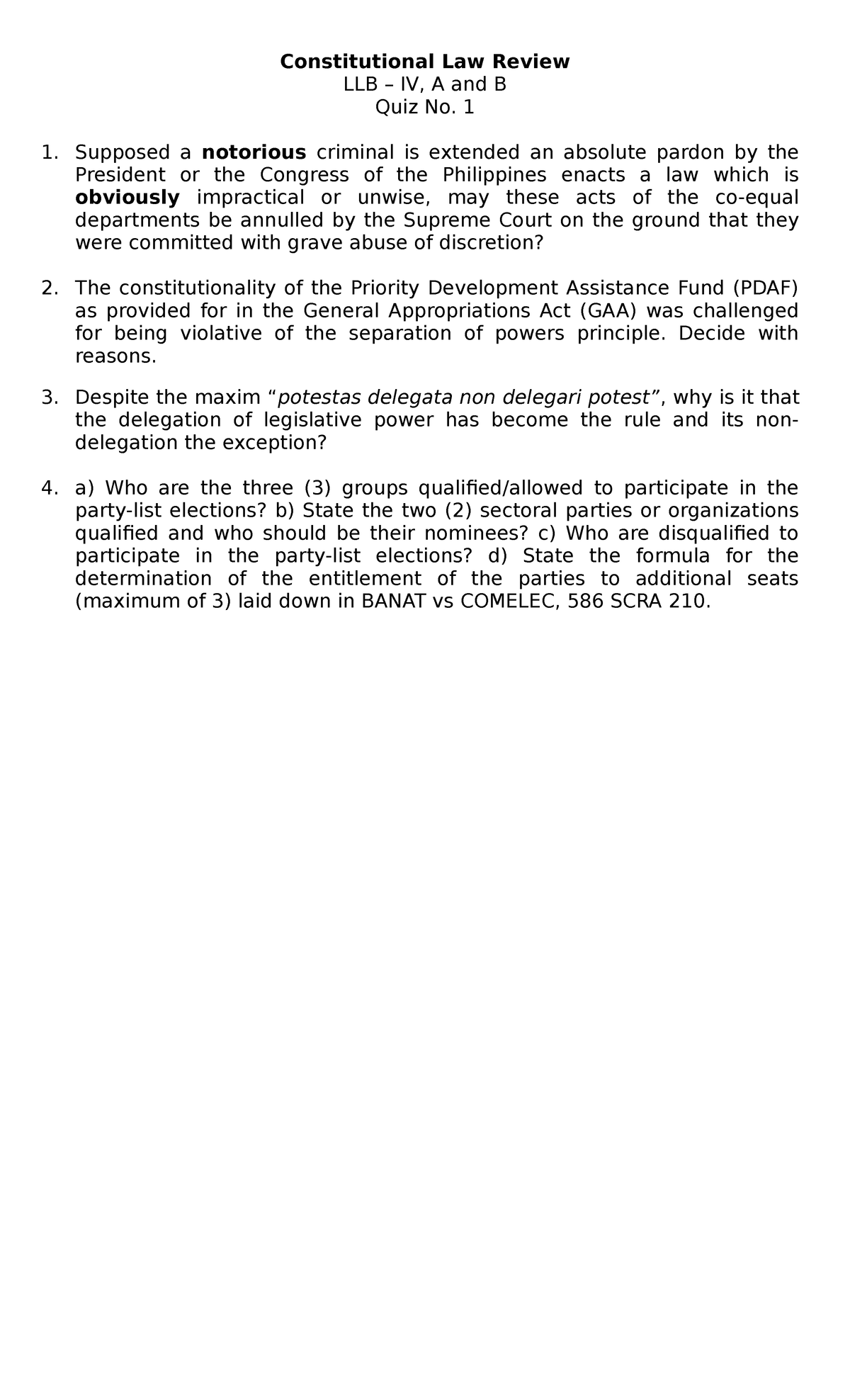 Constitutional Law Review LLB-IV, A and B (Quiz 1) - Constitutional Law ...