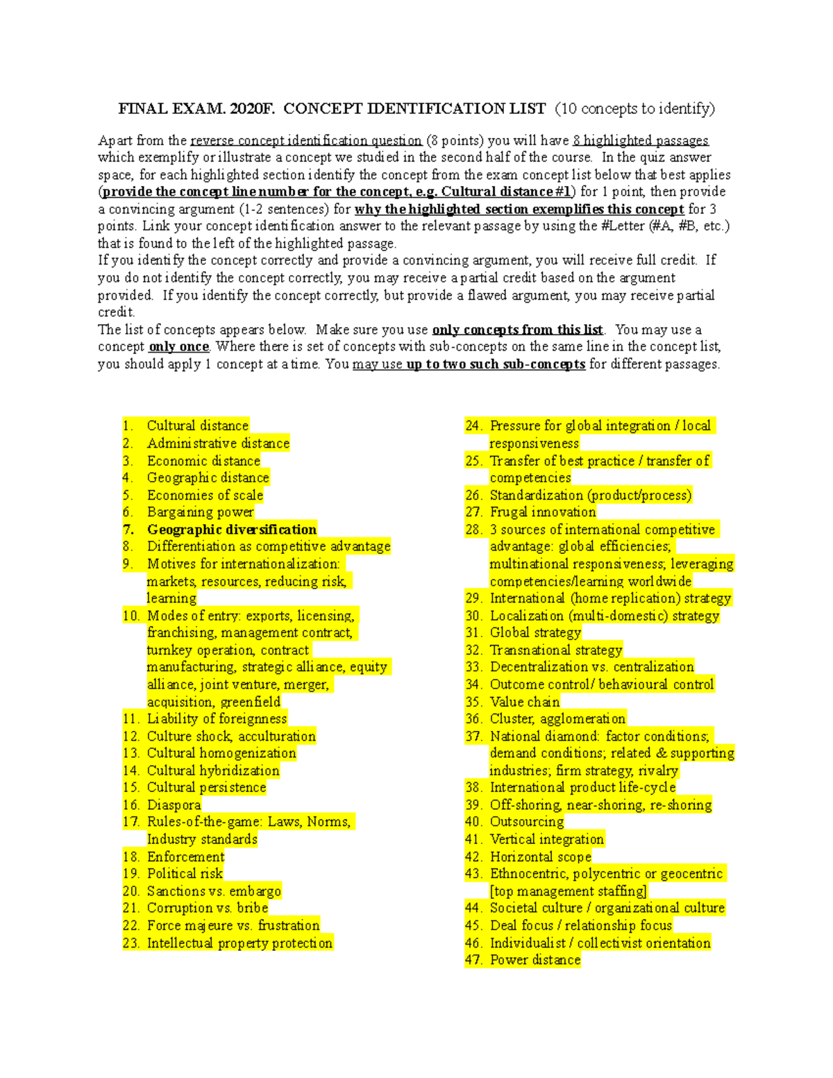 MGCR 382- IB 2020F Final Exam concept list for concept identification ...