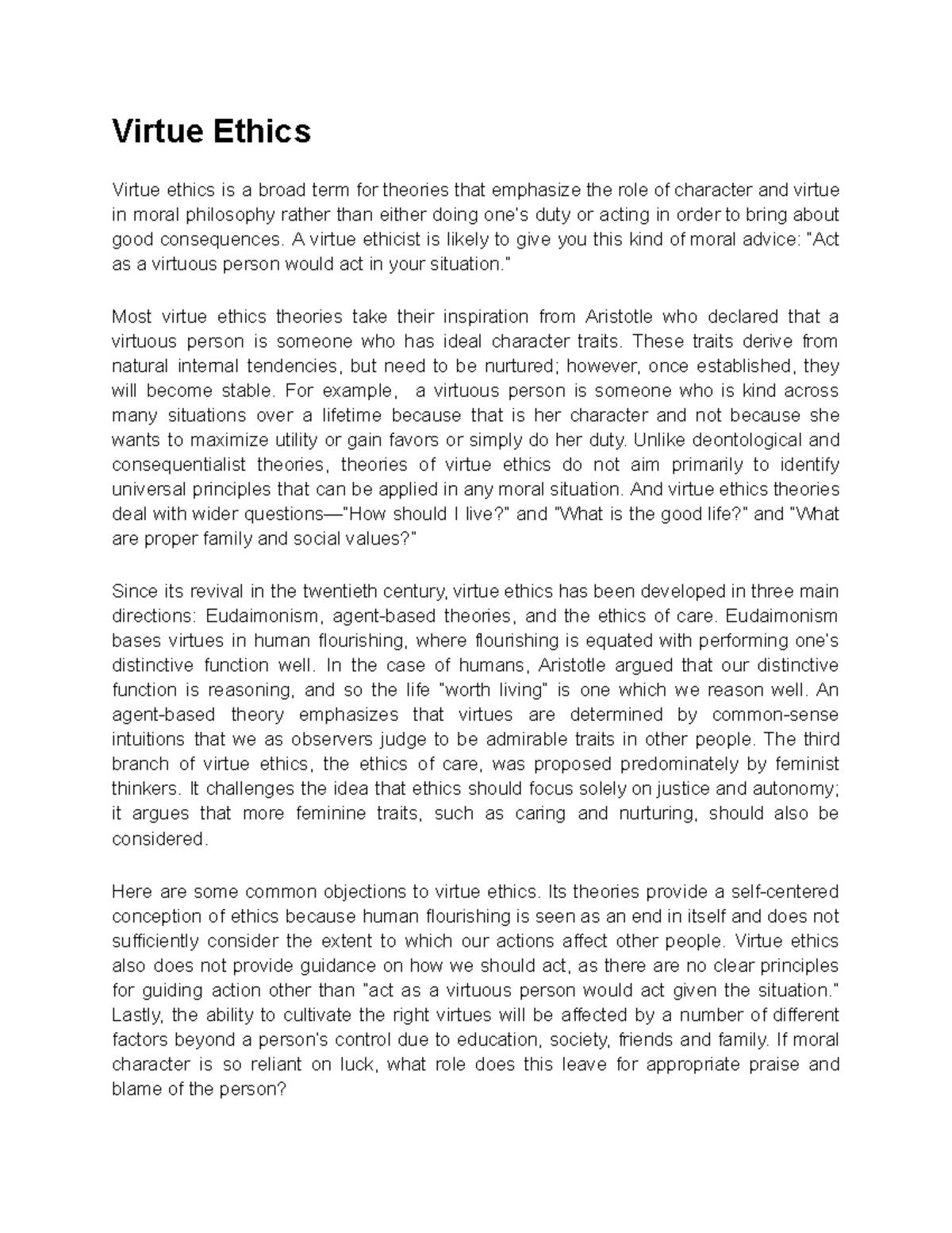 Philosophy Notes #1 PHL 454 - Virtue Ethics Virtue ethics is a broad ...