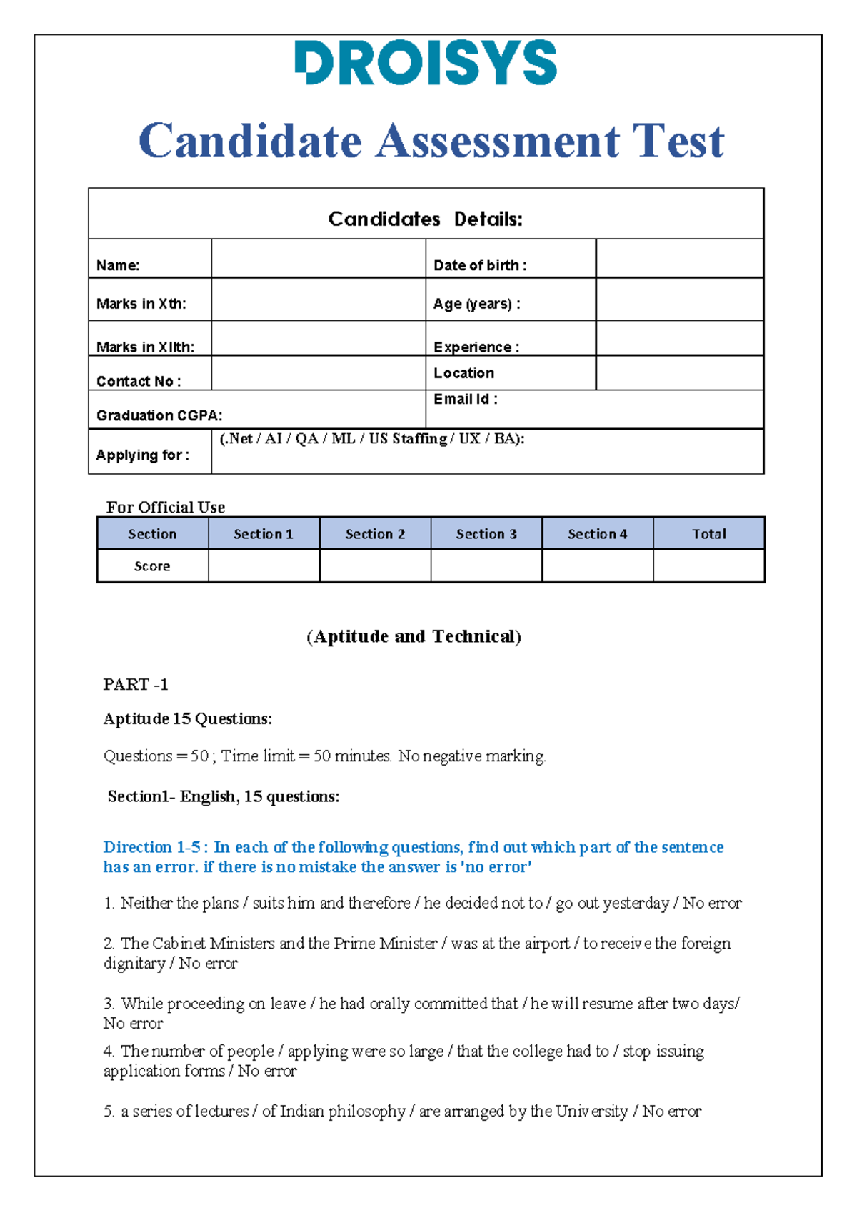 Test- Fresher General 2024 - Candidate Assessment Test Candidates ...