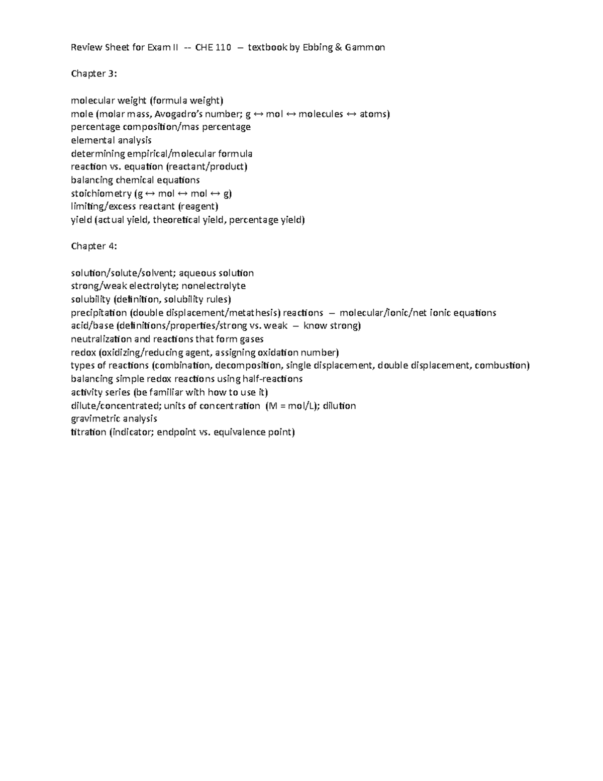 Che110 reveiw sheet for exam 2 Ebbing - Review Sheet for Exam II - CHE ...