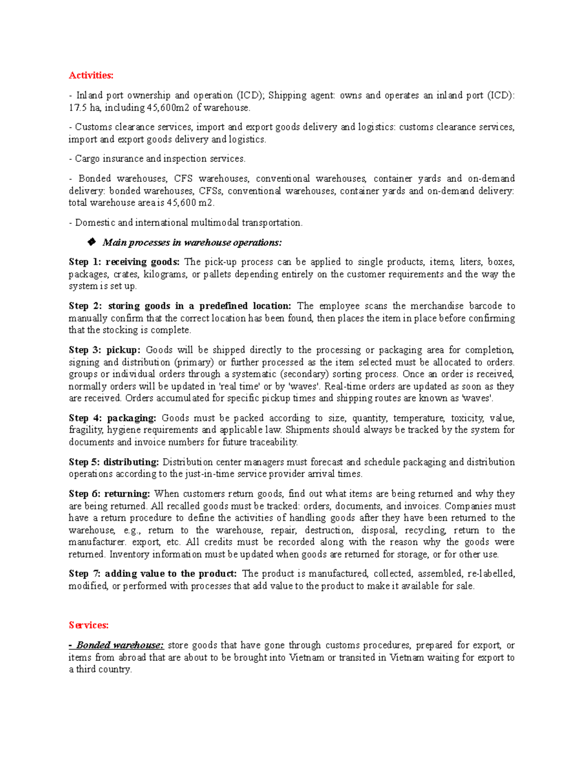 WHS-report-services - lecture homework - Activities: Inland port ...