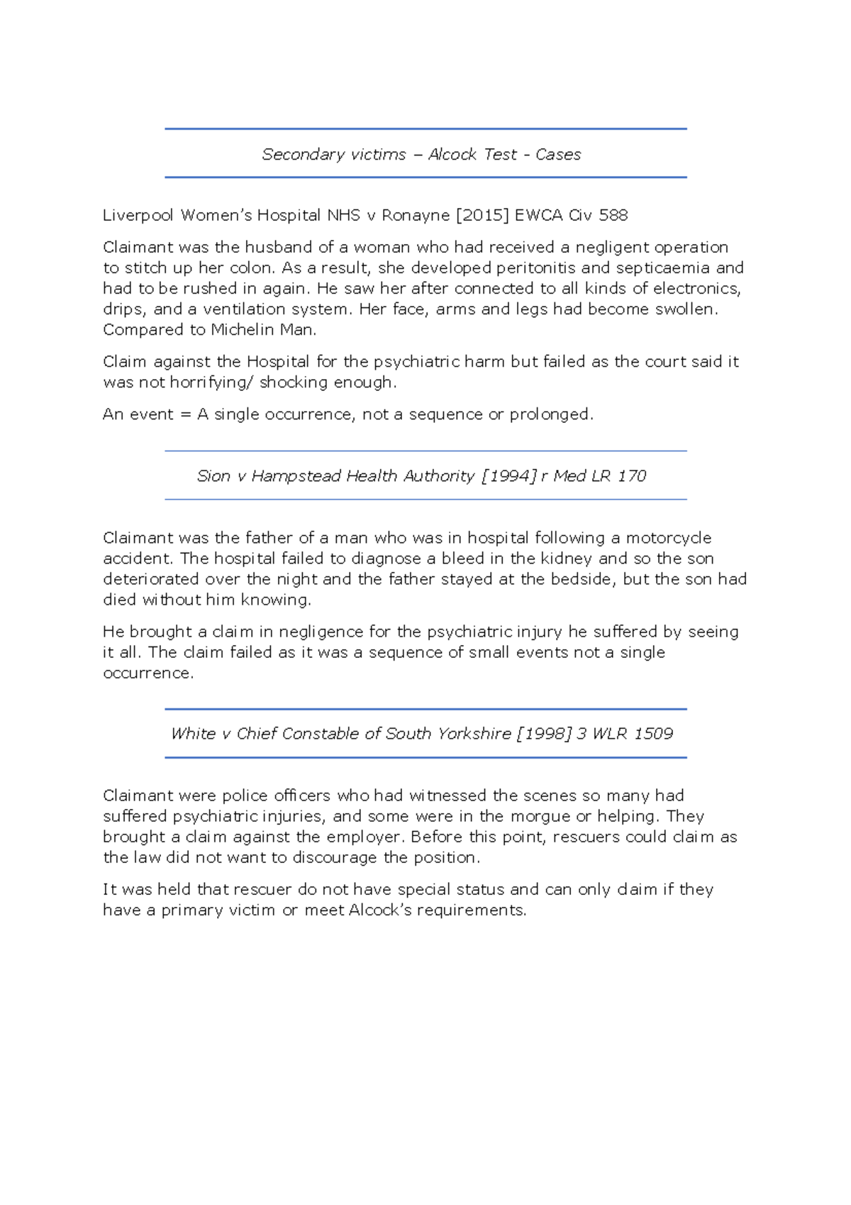 Secondary victims – Alcock Test - Cases - Tort - Secondary victims ...