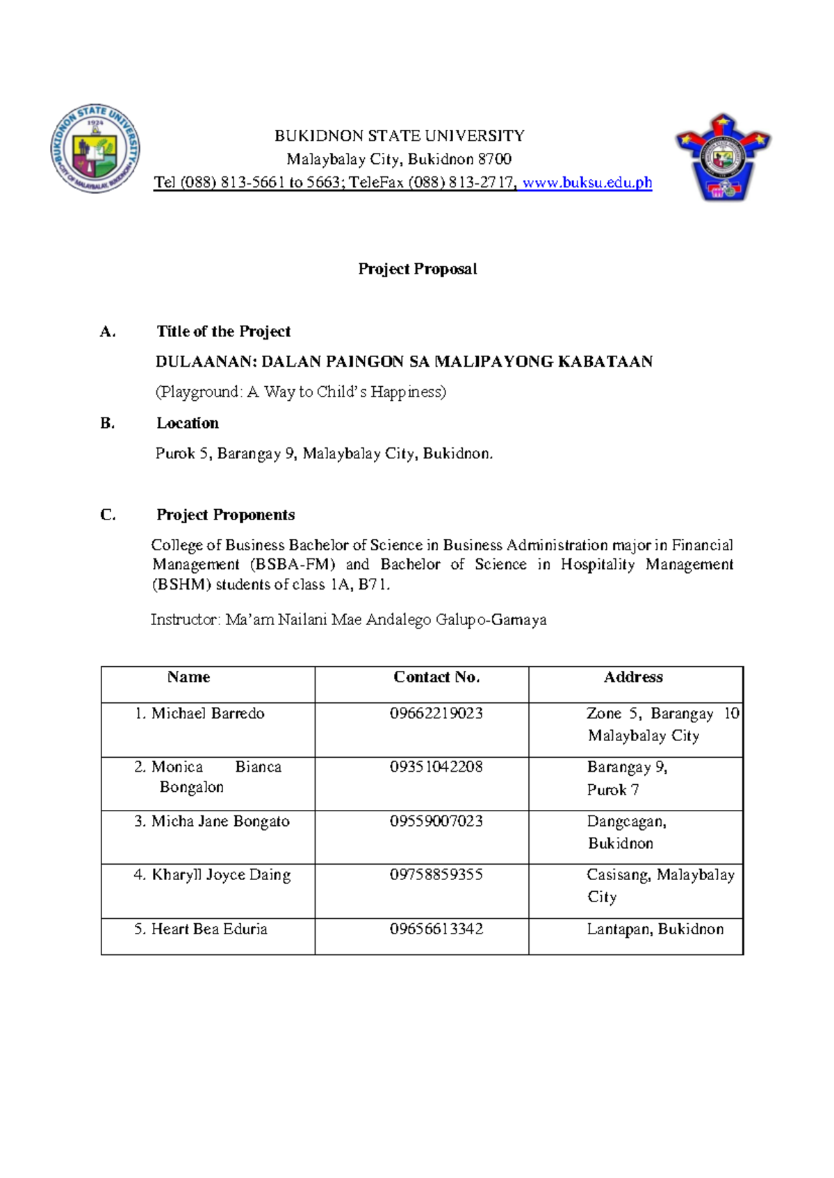 NSTP CWTS B71 Group 2 Project Proposal - BUKIDNON STATE UNIVERSITY ...