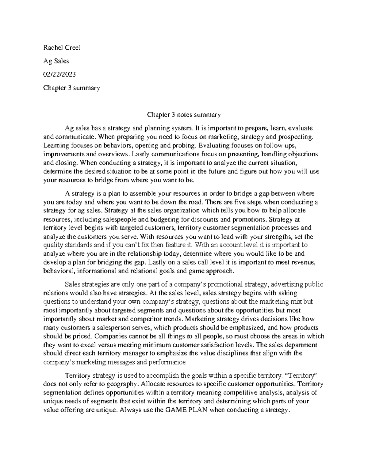 Ag sales 3 summary - Rachel Creel Ag Sales 02/22/ Chapter 3 summary ...