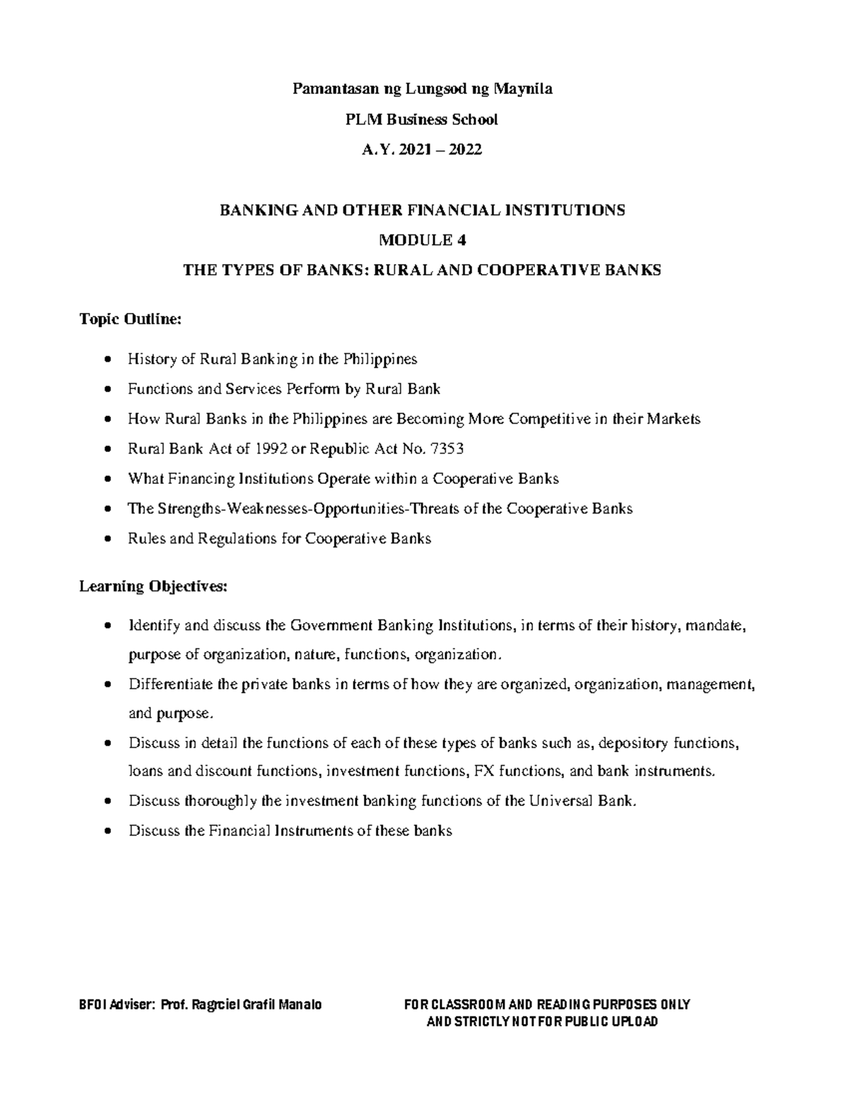 M4 Topic 5 AND 7 Rural and Cooperative Banks - BFOI Adviser: Prof ...