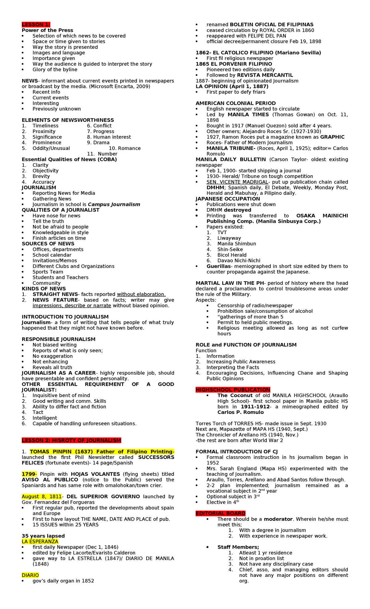 Campus Journalism - LESSON 1: Power of the Press Selection of which ...