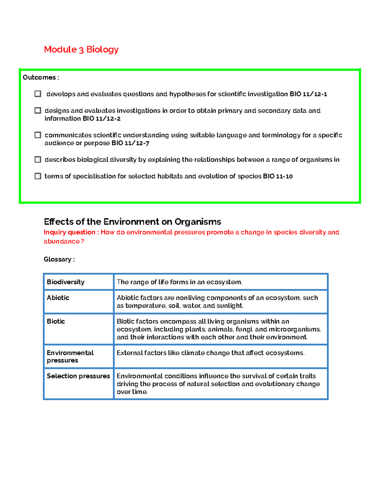 Module 3 Biology - Module 3 Biology Outcomes : develops and evaluates ...