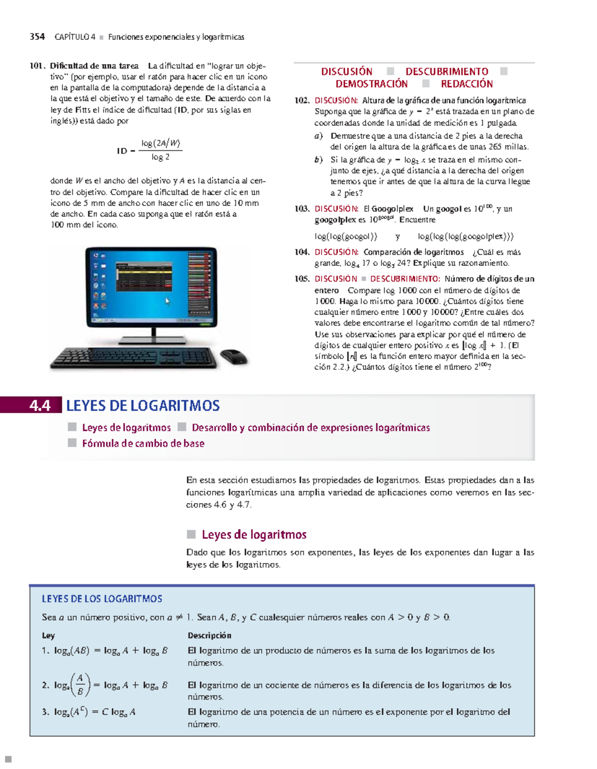 Leyes de los Log y Ecuaciones Exp - 354 CAPÍTULO 4 Funciones exponenciales y logarítmicas 101 ...