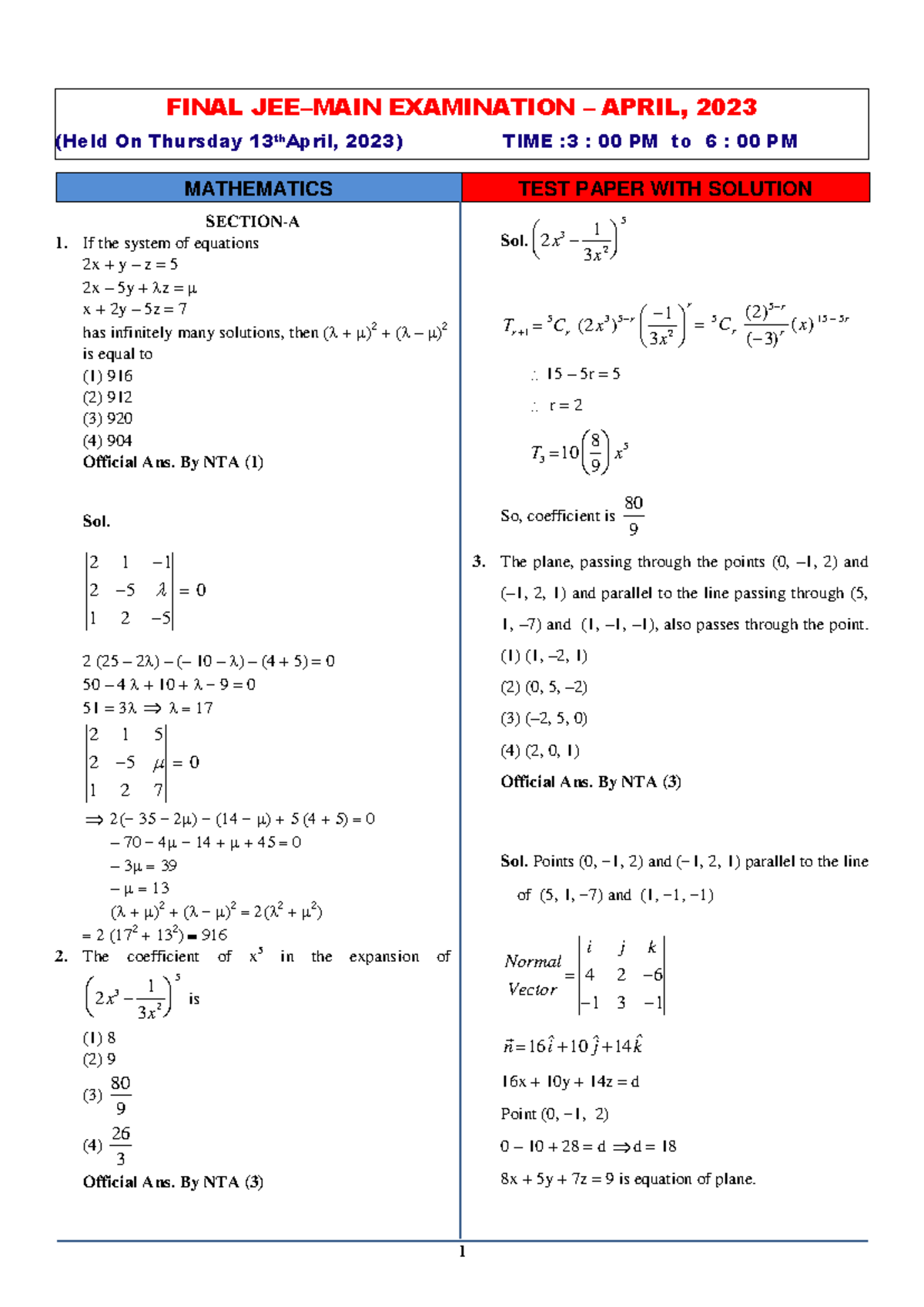 Selfstudys com file - MATHEMATICS TEST PAPER WITH SOLUTION SECTION-A If ...