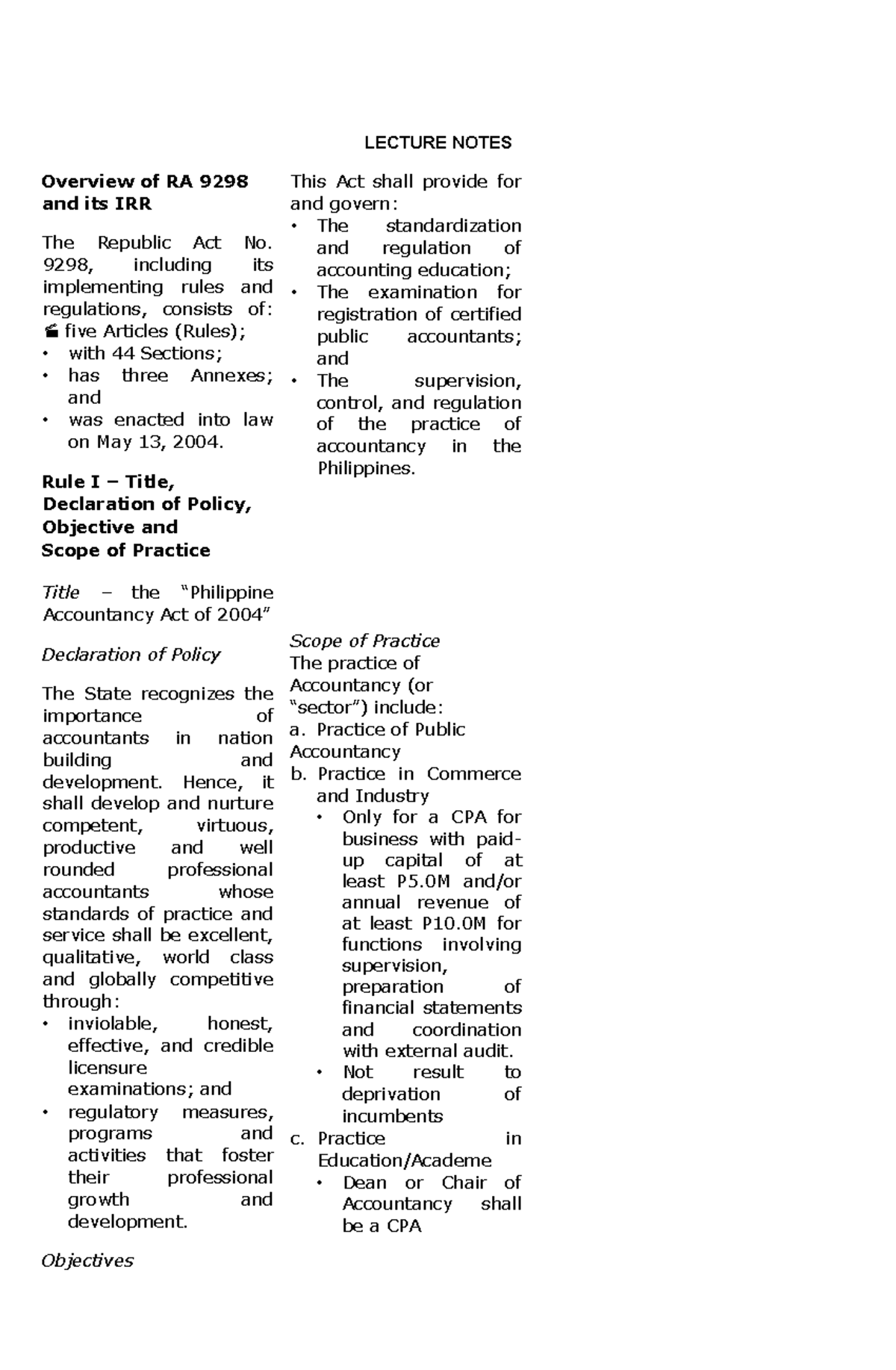 Philippine Accountancy Act (Summary) - LECTURE NOTES Overview of RA ...