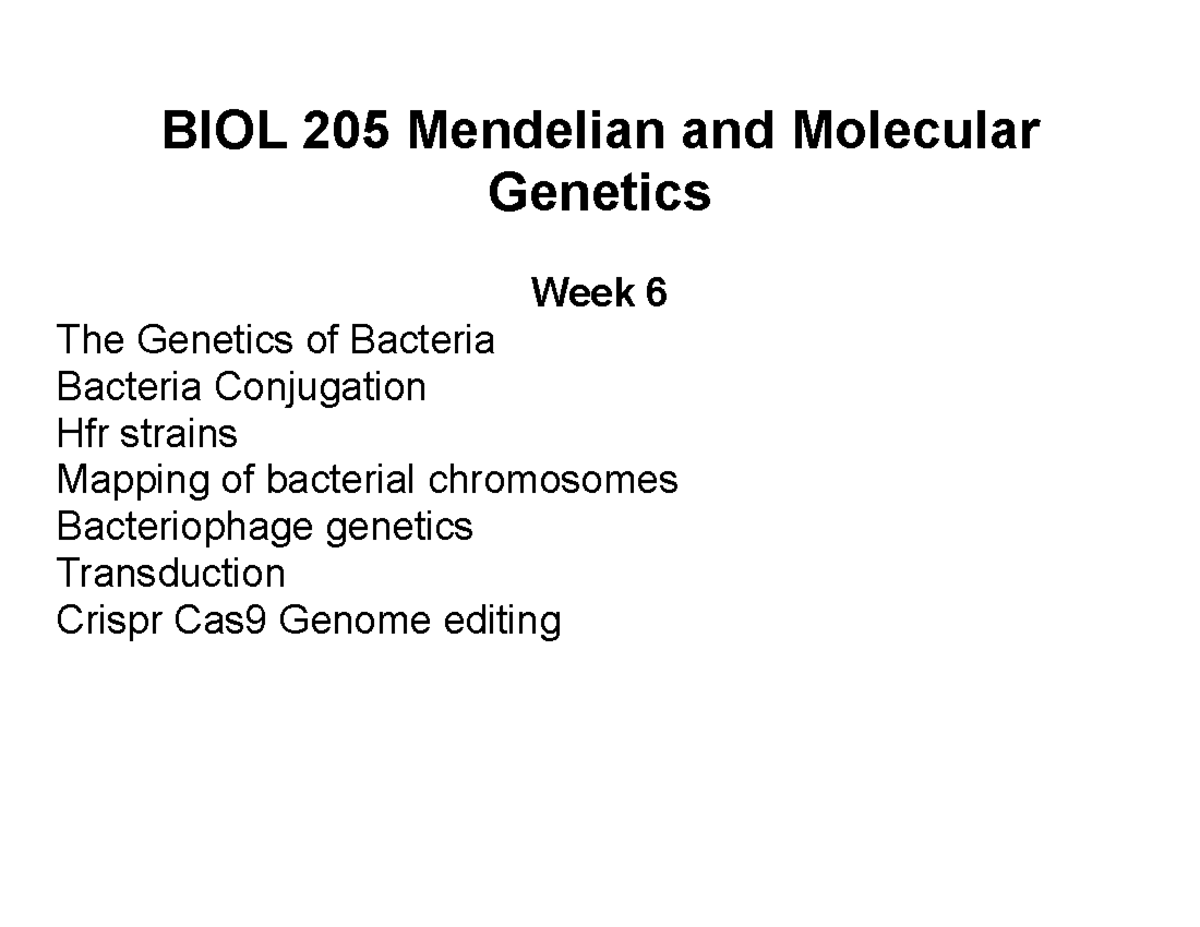 Week 6 lecture notes - BIOL 205 Mendelian and Molecular Genetics ...