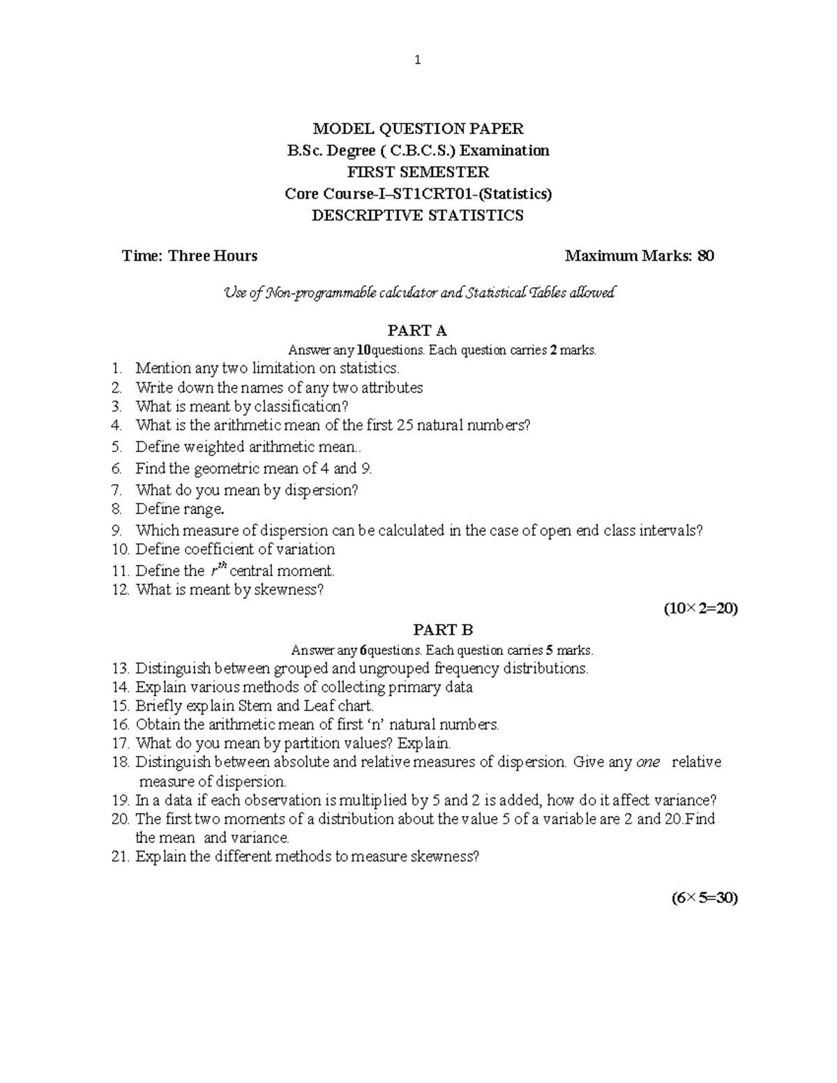 BSc-Statistics - Statistics work mudule - MODEL QUESTION PAPER B ...