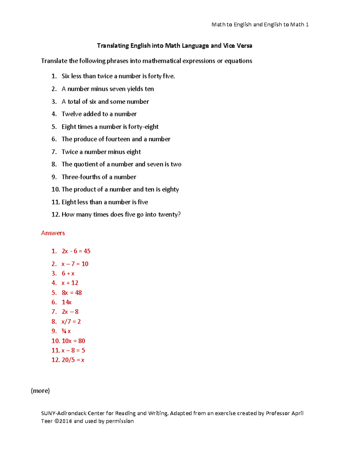 Translating English into Math Language and Vice Versa - Math to English ...