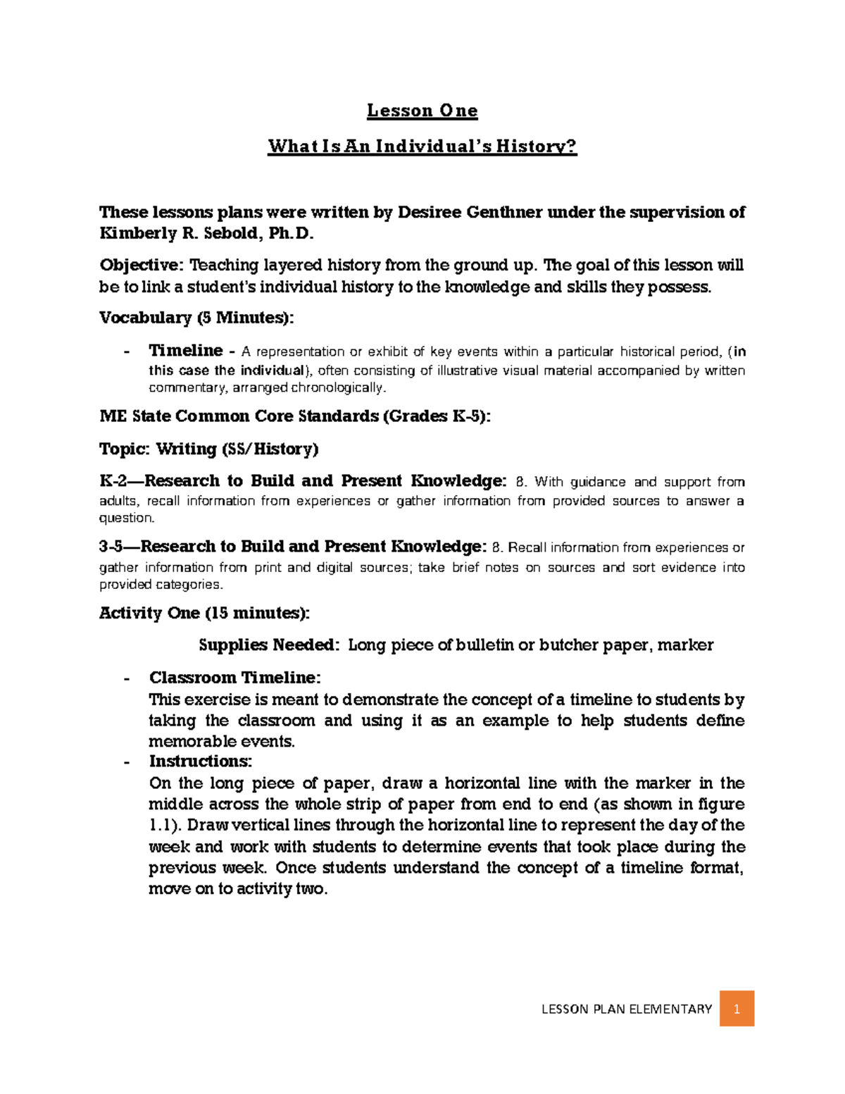 Lesson Plan Elementary - Lesson One What Is An Individual’s History ...