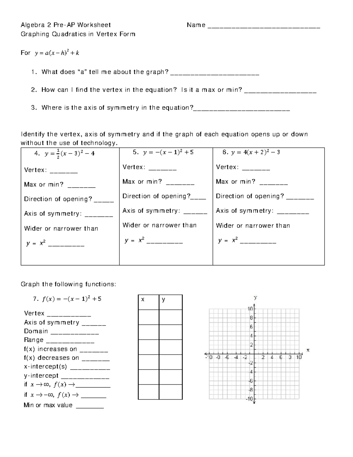 3.1 WS - Graphing Quadratics in Vertex Form - Algebra 2 Pre- AP ...