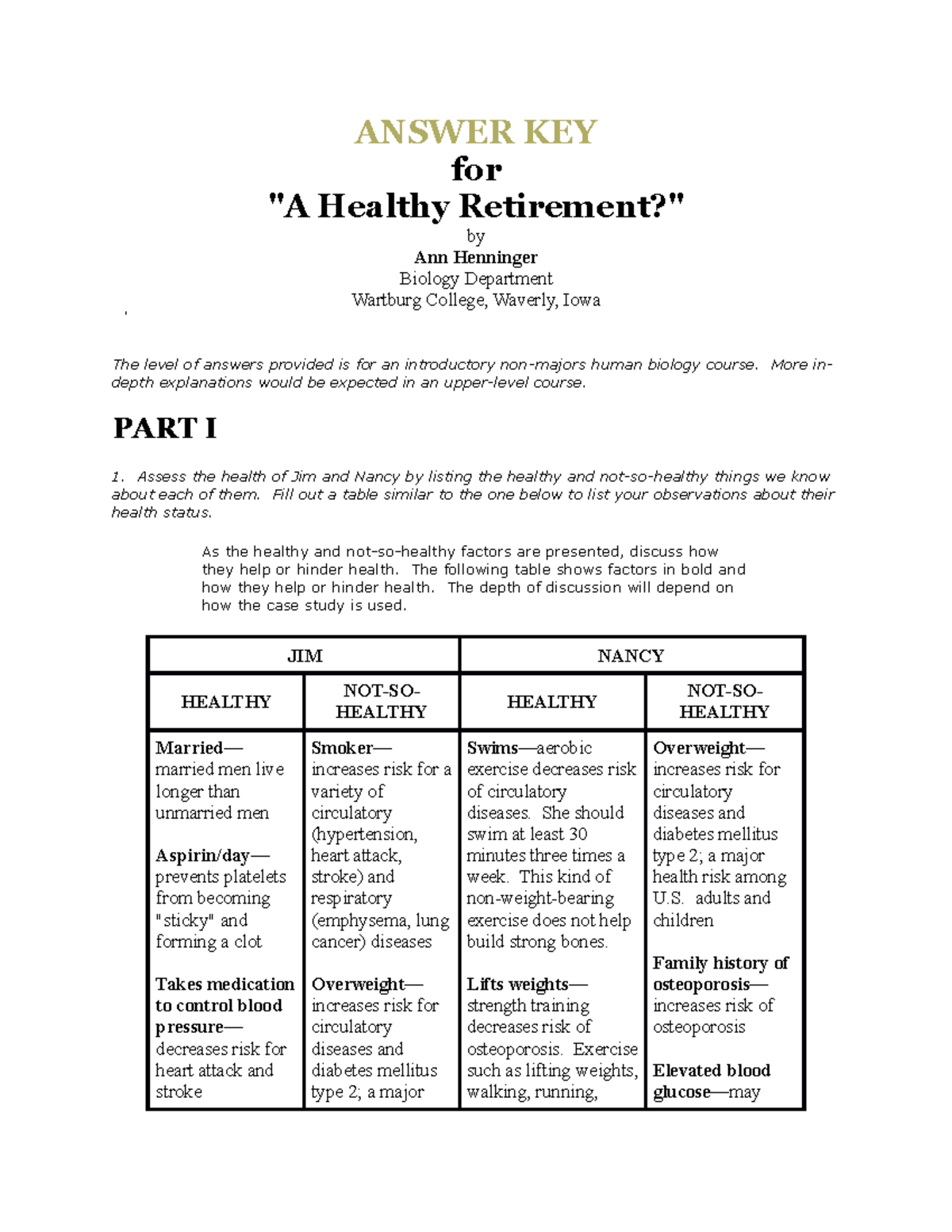 Answer KEY - heart disease - ANSWER KEY for "A Healthy Retirement?" by ...