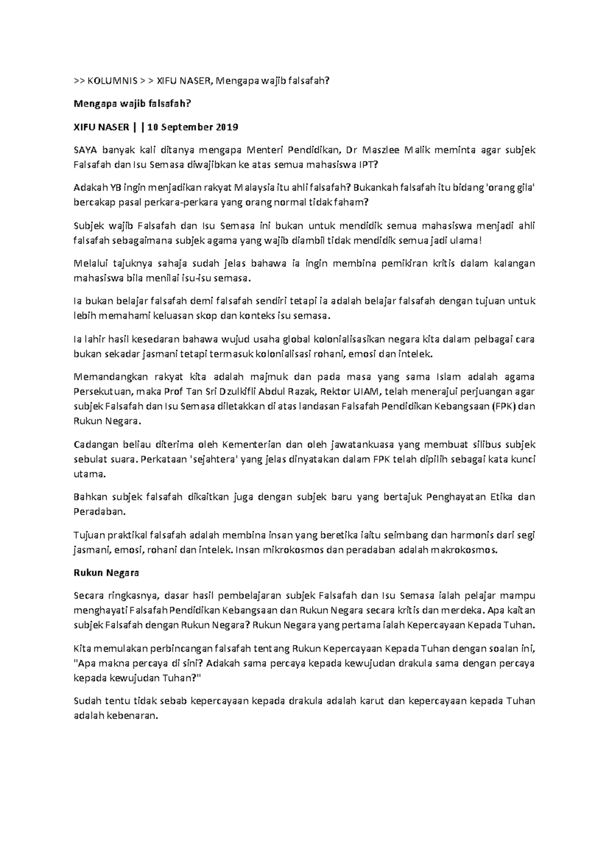 Article 2 - other - >> KOLUMNIS > > XIFU NASER, Mengapa wajib falsafah ...