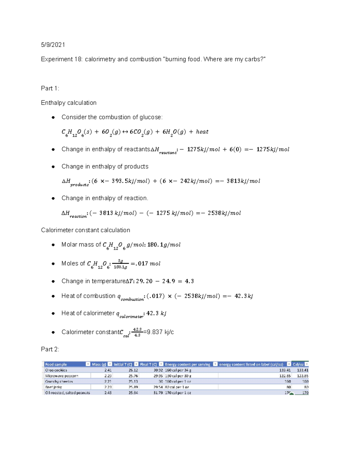 Lab 18 report - 5/9/ Experiment 18: calorimetry and combustion