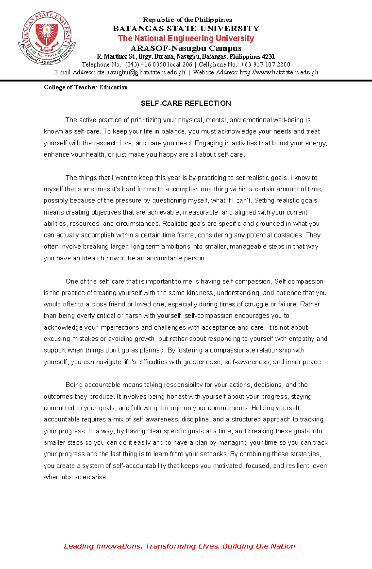 Self-Care Reflection - Republic of the Philippines BATANGAS STATE ...