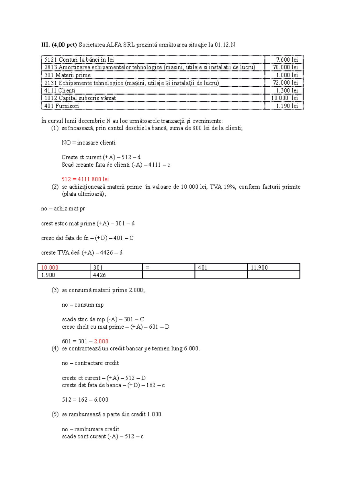 S3 - mnbvcx - III. (4,00 pct) Societatea ALFA SRL prezintă următoarea ...