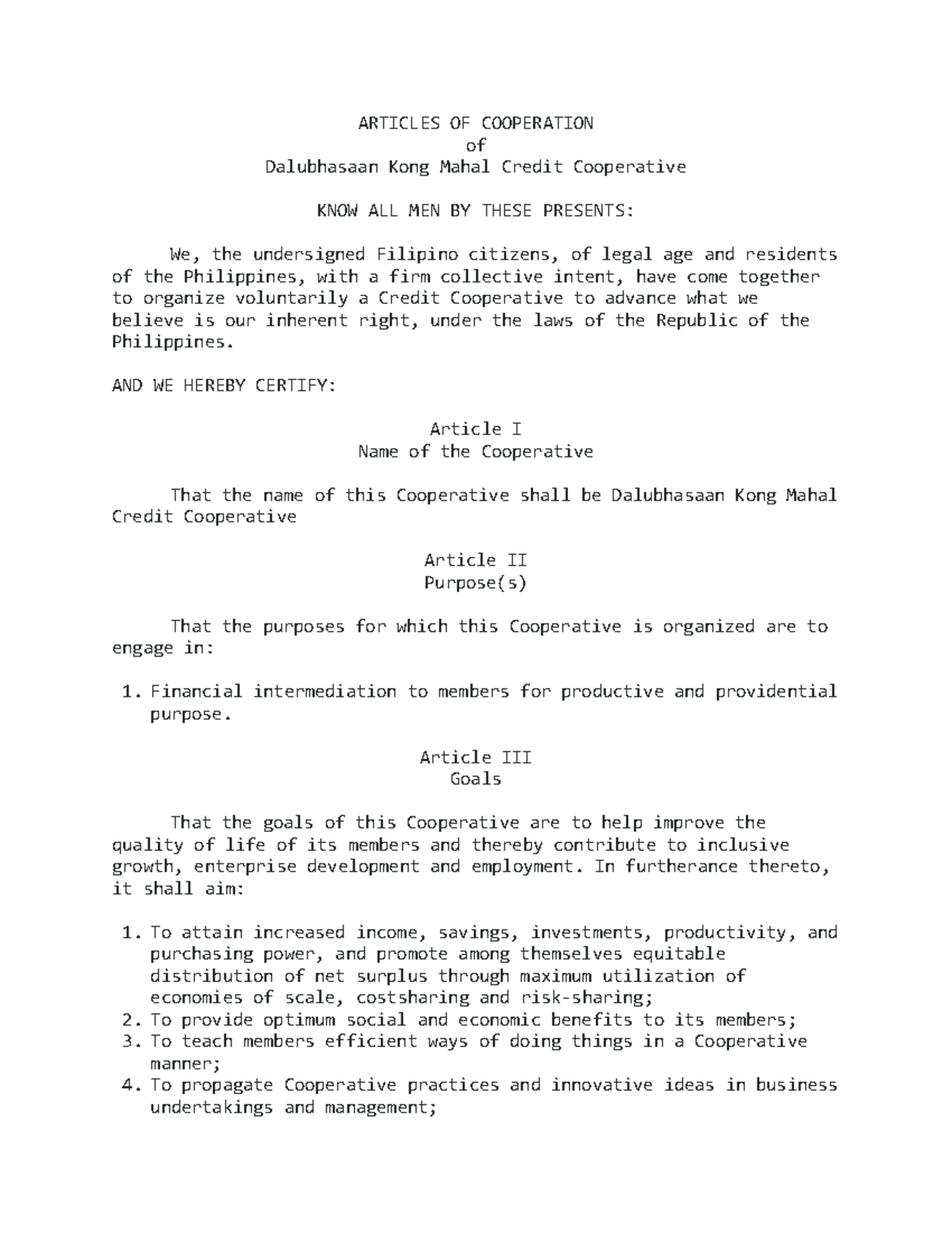 Articles OF Cooperation - ARTICLES OF COOPERATION of Dalubhasaan Kong ...