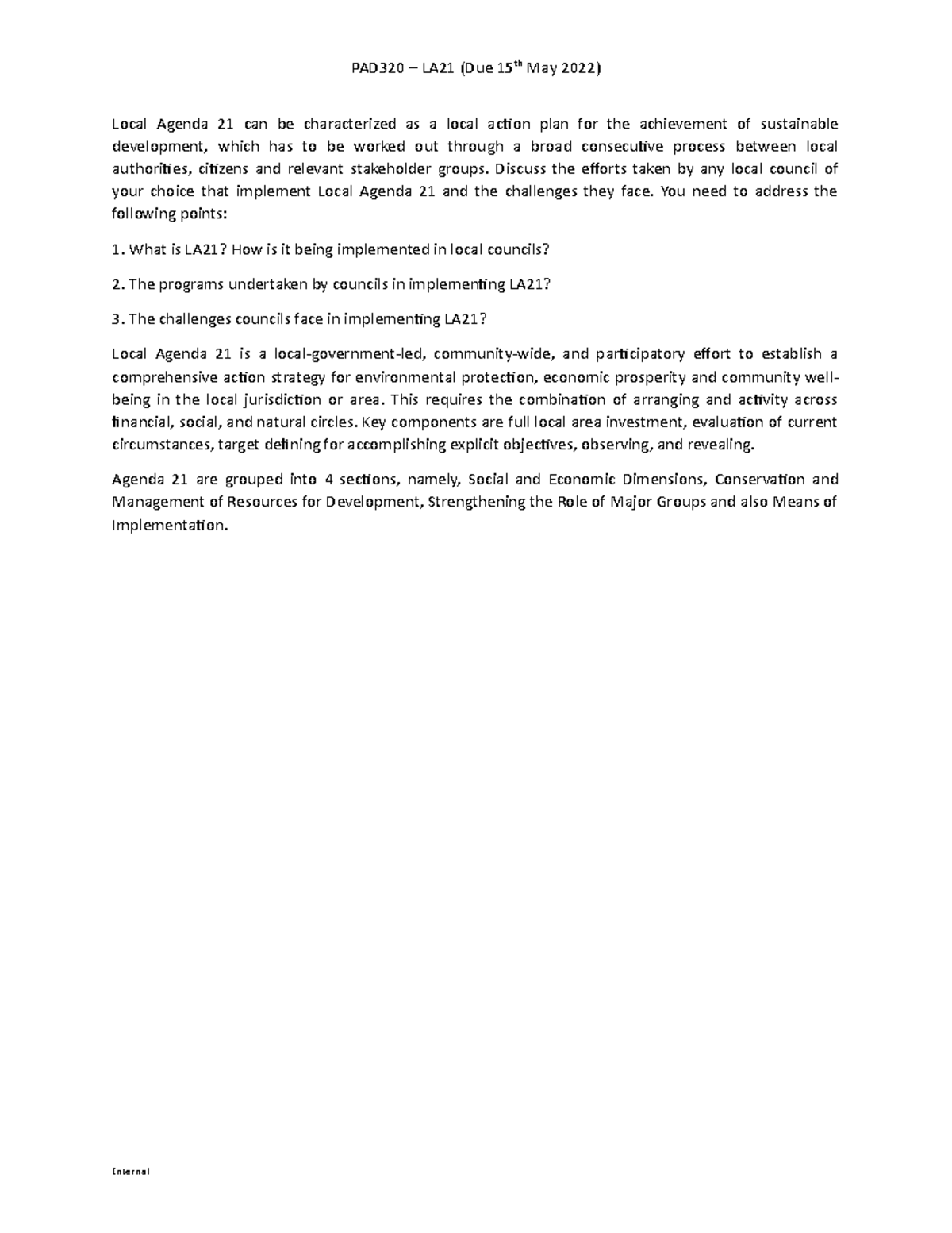 PAD320 LA21 - PAD - PAD320 – LA21 (Due 15th May 2022) Local Agenda 21 ...