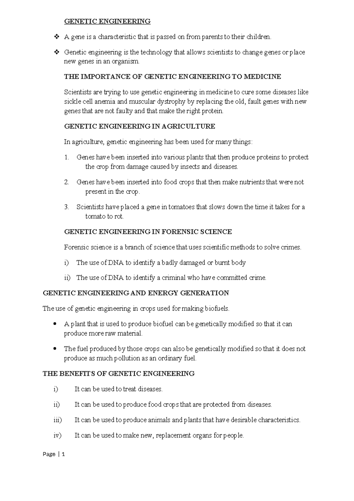 FORM 2 Notes - GENETIC ENGINEERING A gene is a characteristic that is ...
