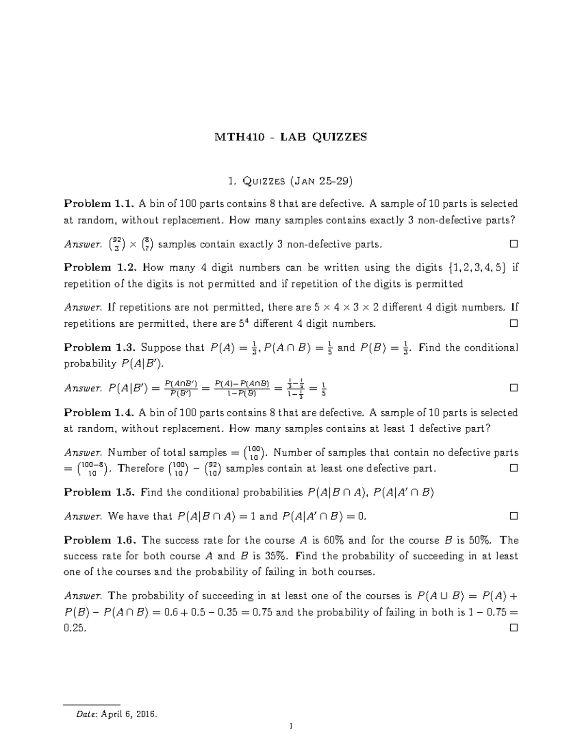 Quizzes - mth410 - Quizzes (Jan 25-29) Problem 1.1 bin of 100 parts ...