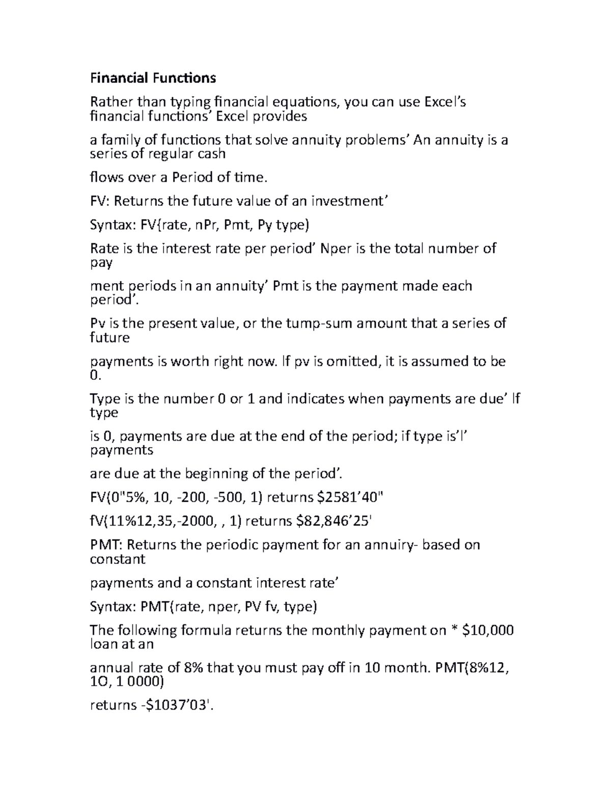 Financial Functions notes - Financial Functions Rather than typing ...
