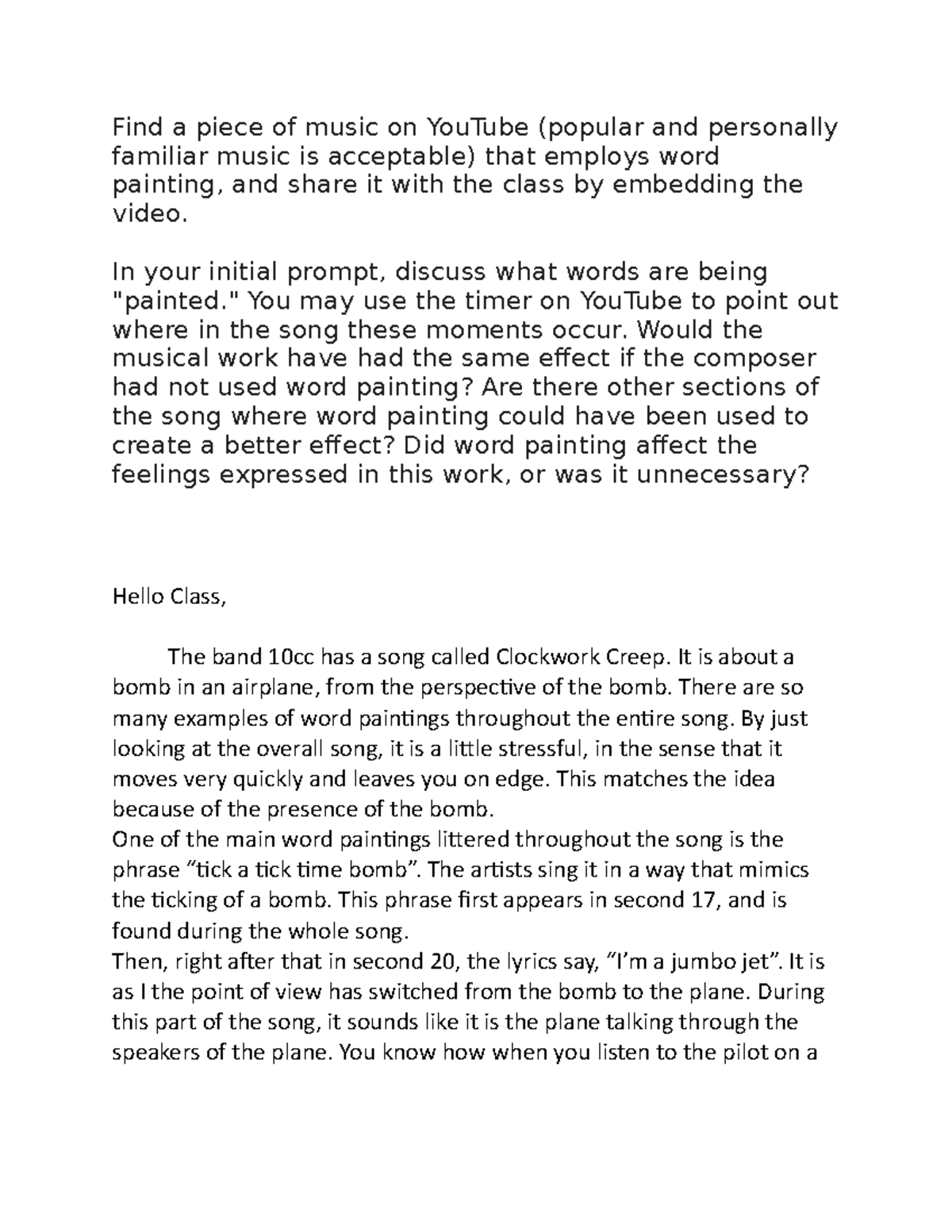 Discussion 2 - Find a piece of music on YouTube (popular and personally ...