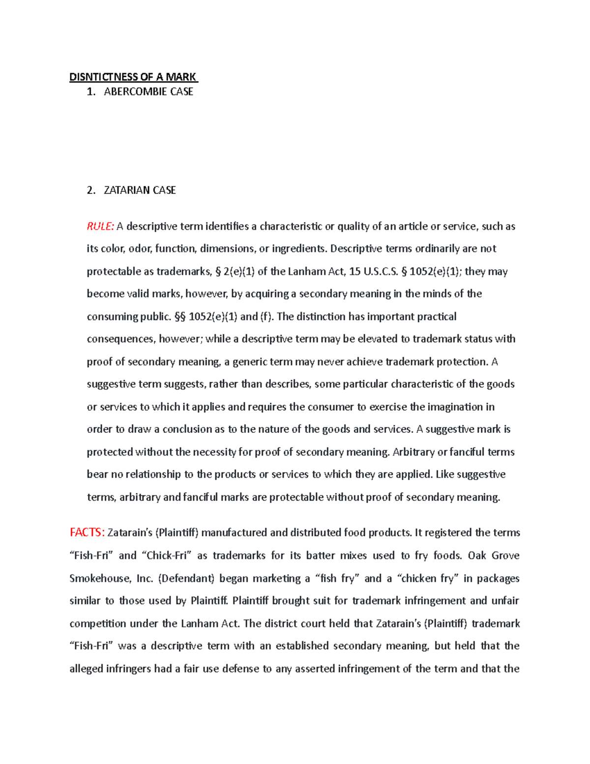 Trademarks Notes - summarry of some cases - DISNTICTNESS OF A MARK 1 ...