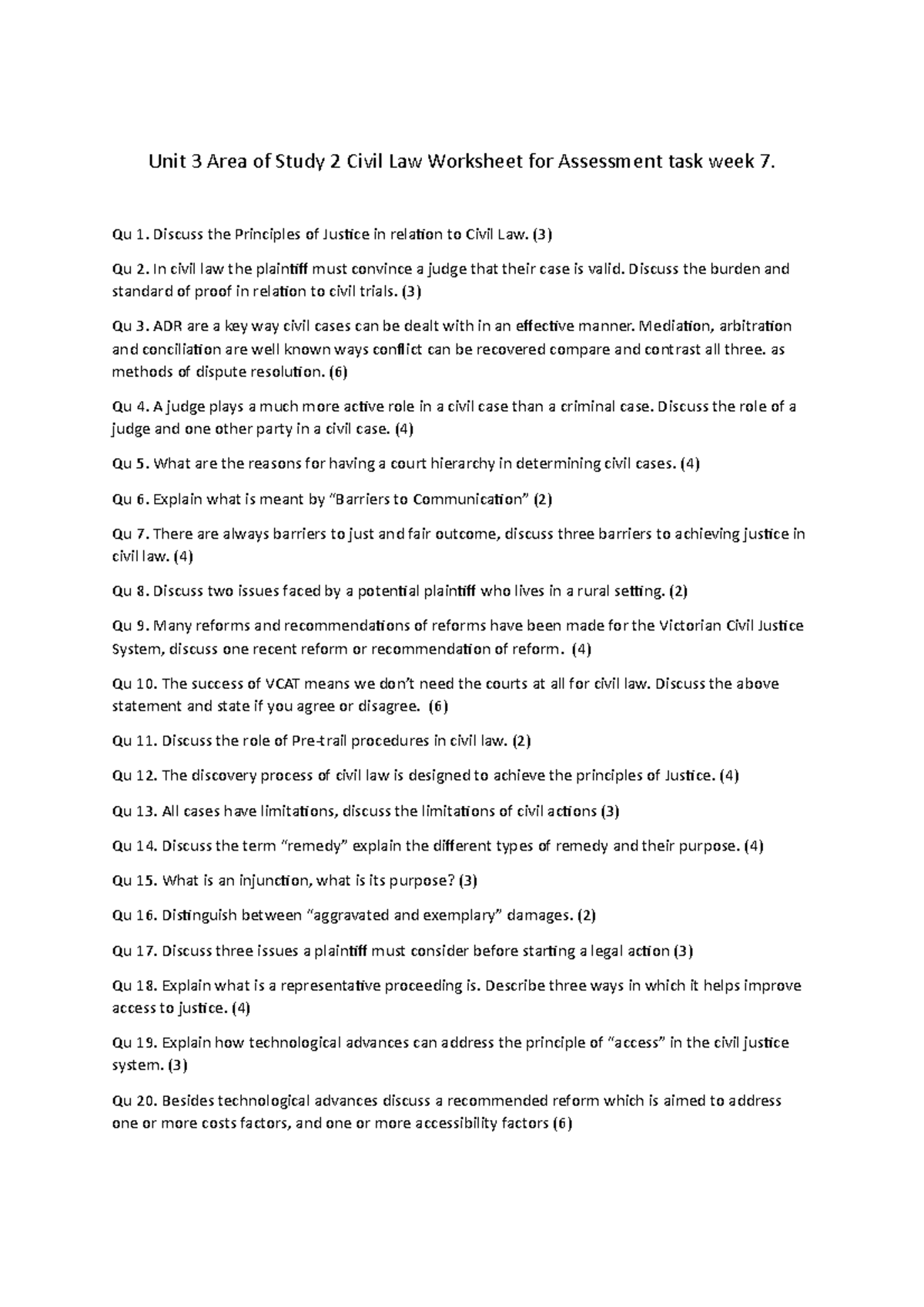 Chapter 7 worksheet Consumer Affairs Vic - Unit 3 Area of Study 2 Civil ...