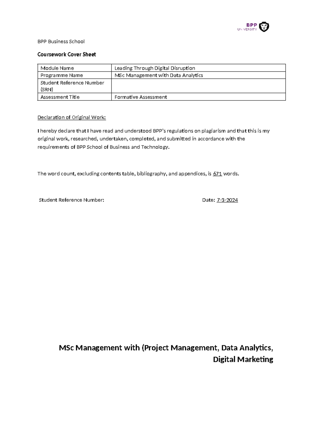 LTDD for up - Formative assessment of LTDD. - BPP Business School Coursework Cover Sheet Module ...