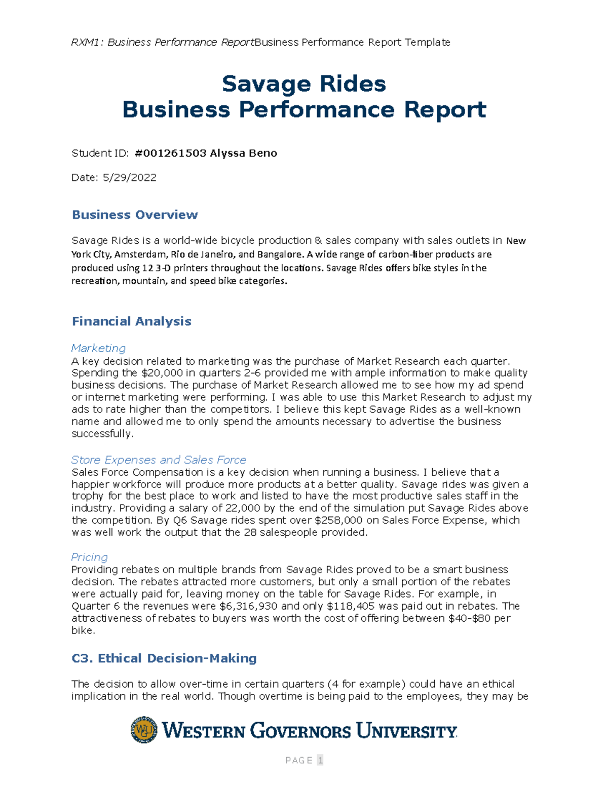 Business Performance Report Template - RXM1: Business Performance ...