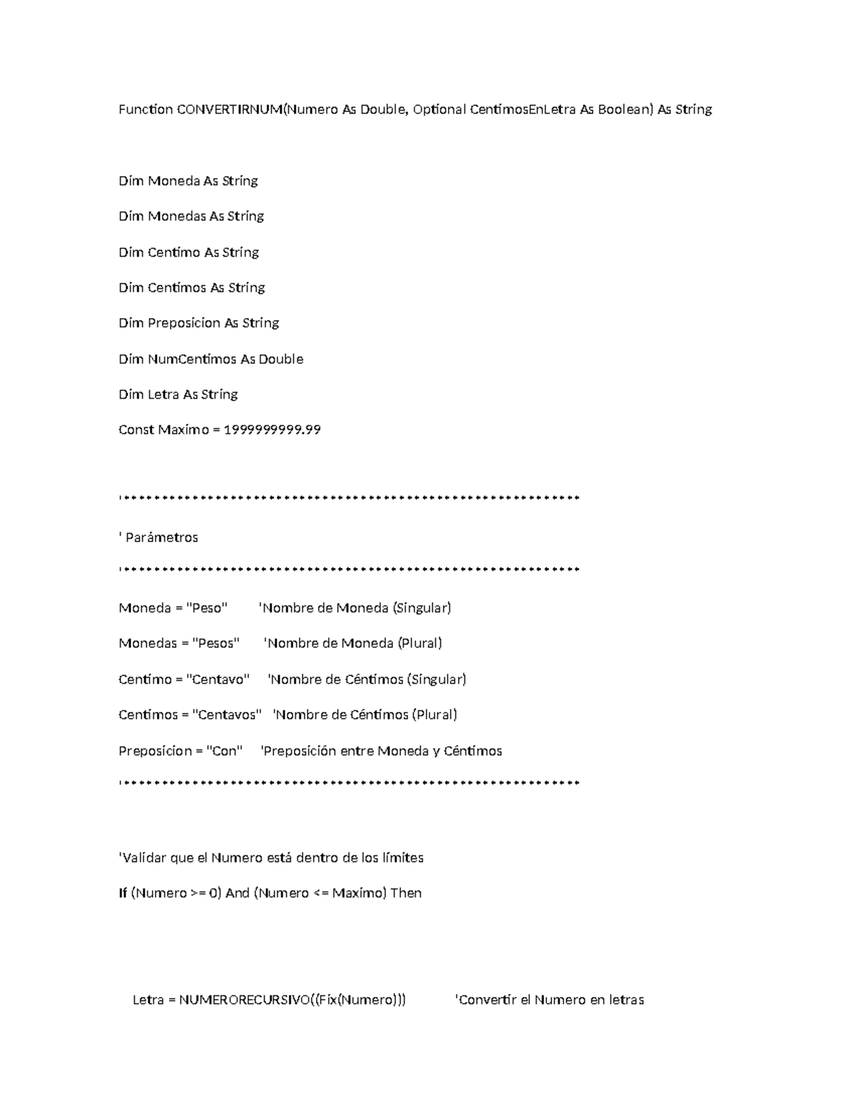 Combercion DE Numero A Texto - Function CONVERTIRNUM(Numero As Double ...