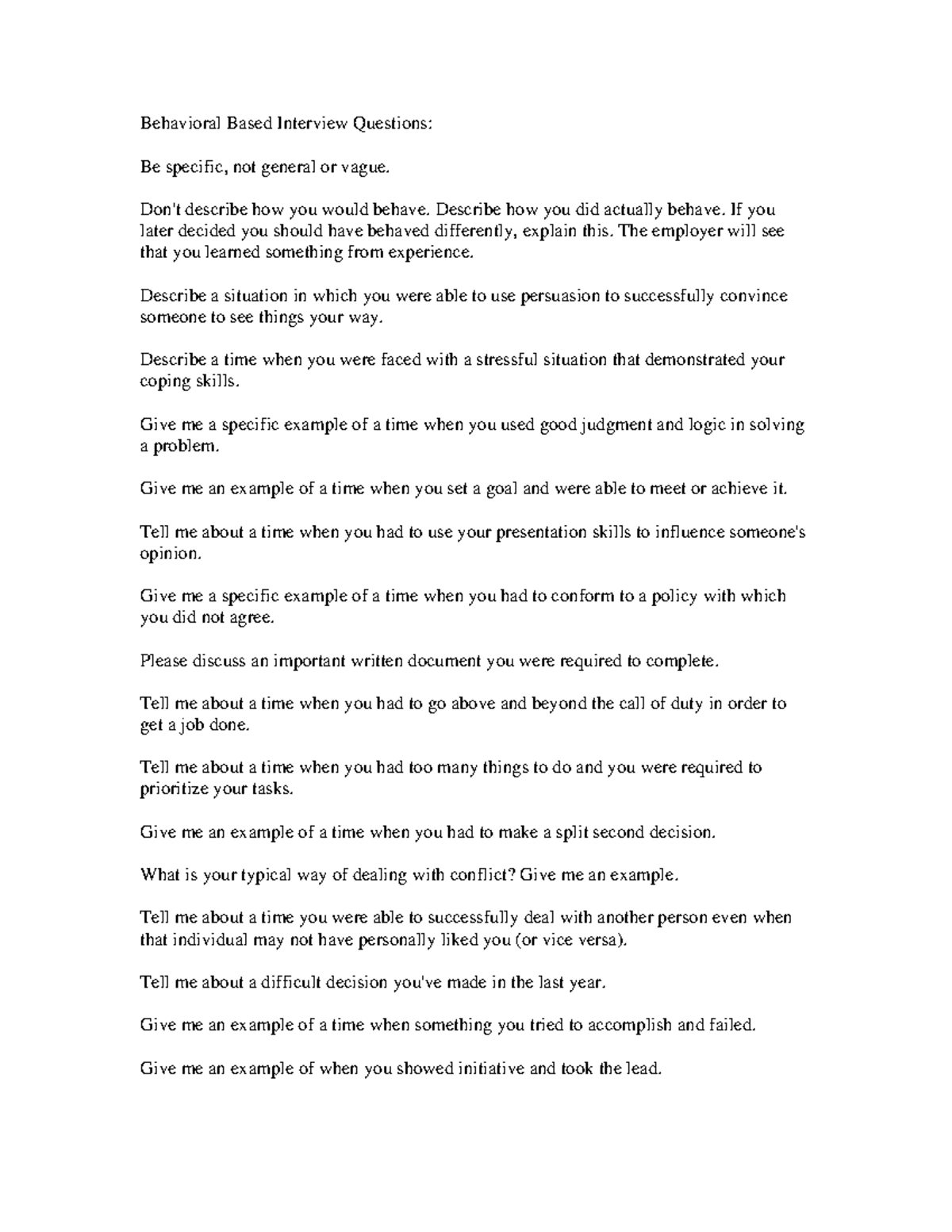 Interview Questions 1 - interviw - Behavioral Based Interview Questions ...