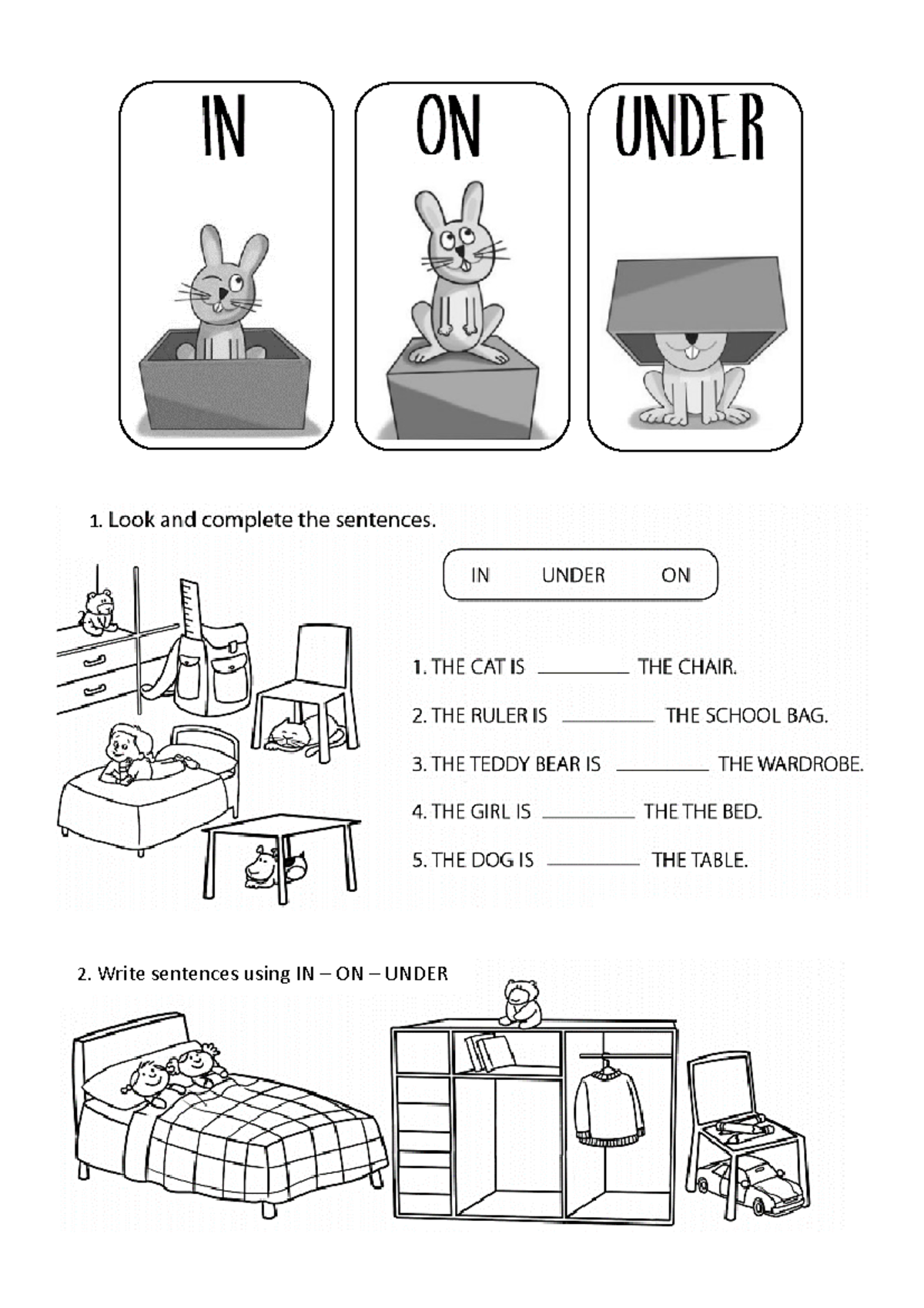 2do primaria - in on under - Ingles I - 2. 1. 2. Write sentences using ...