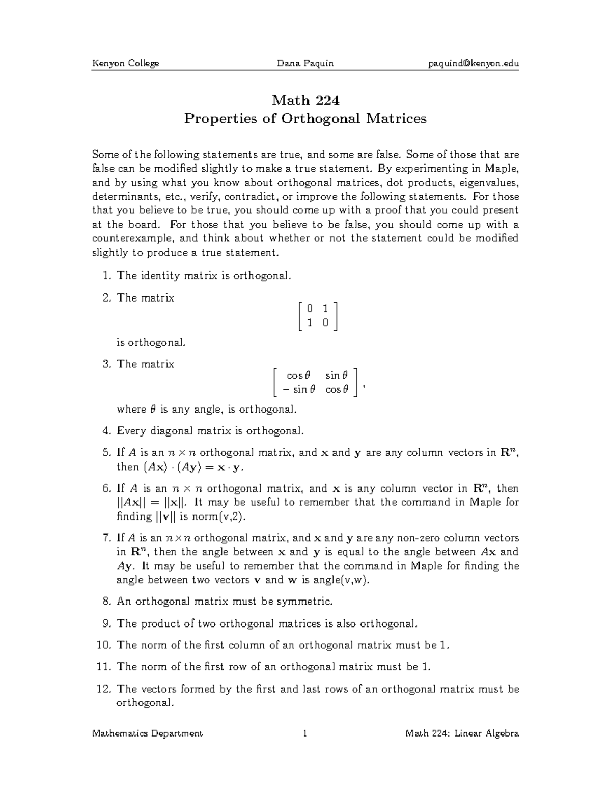 Orthogonal - Metrices - Kenyon College Dana Paquin paquind@kenyon Math ...