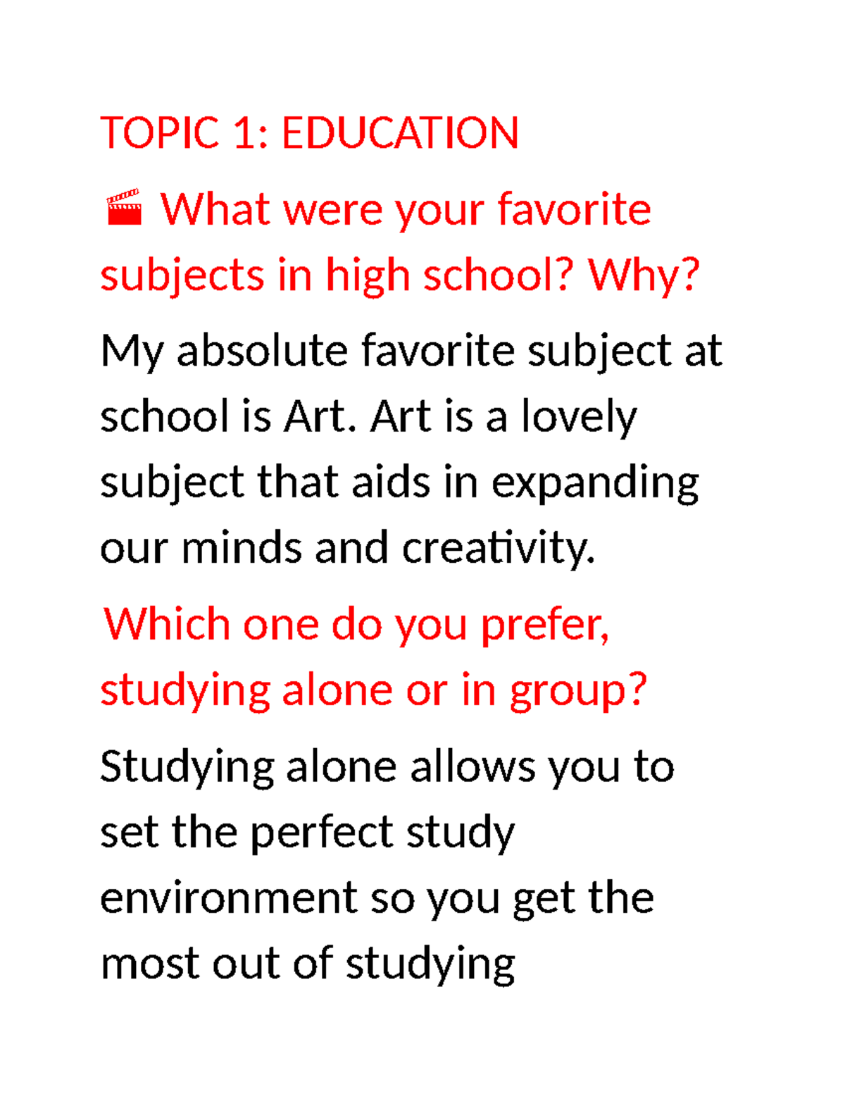 Tài liệu1 - TOPIC 1: EDUCATION What were your favorite subjects in high ...