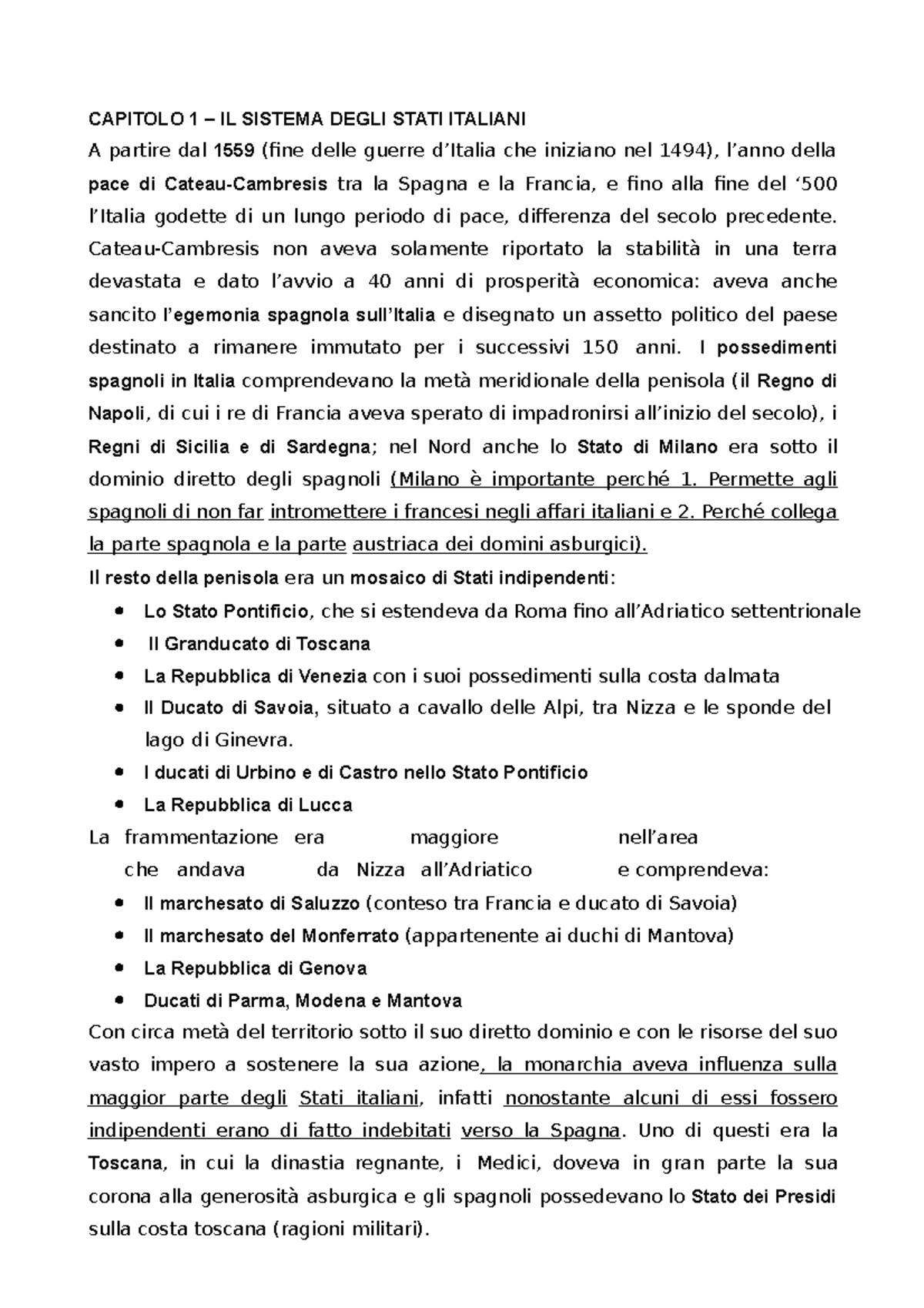 L'Italia del '600 - Riassunto libro - CAPITOLO 1 – IL SISTEMA DEGLI ...