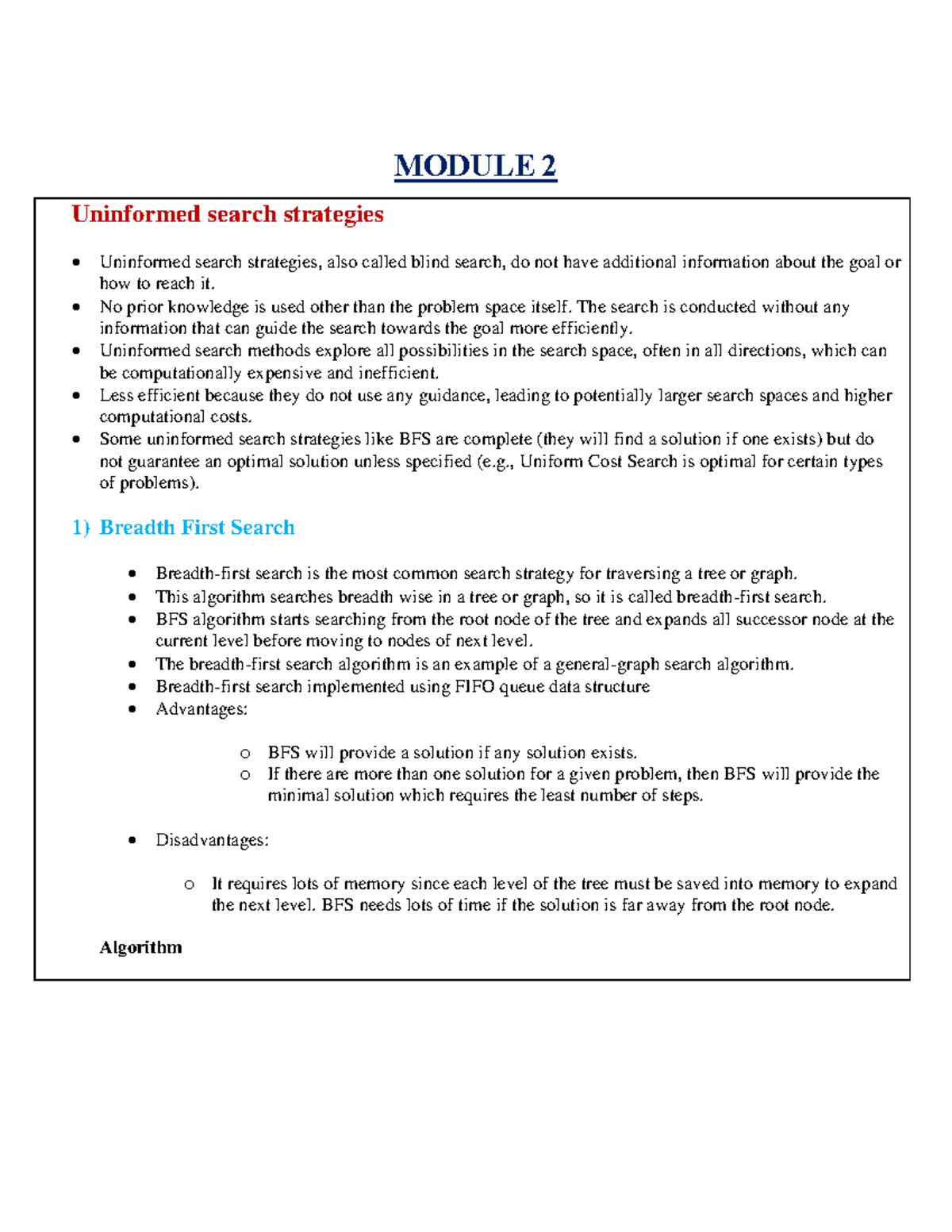 Mod 2 AI - AI module 2 - MODULE 2 Uninformed search strategies • Uninformed search strategies ...