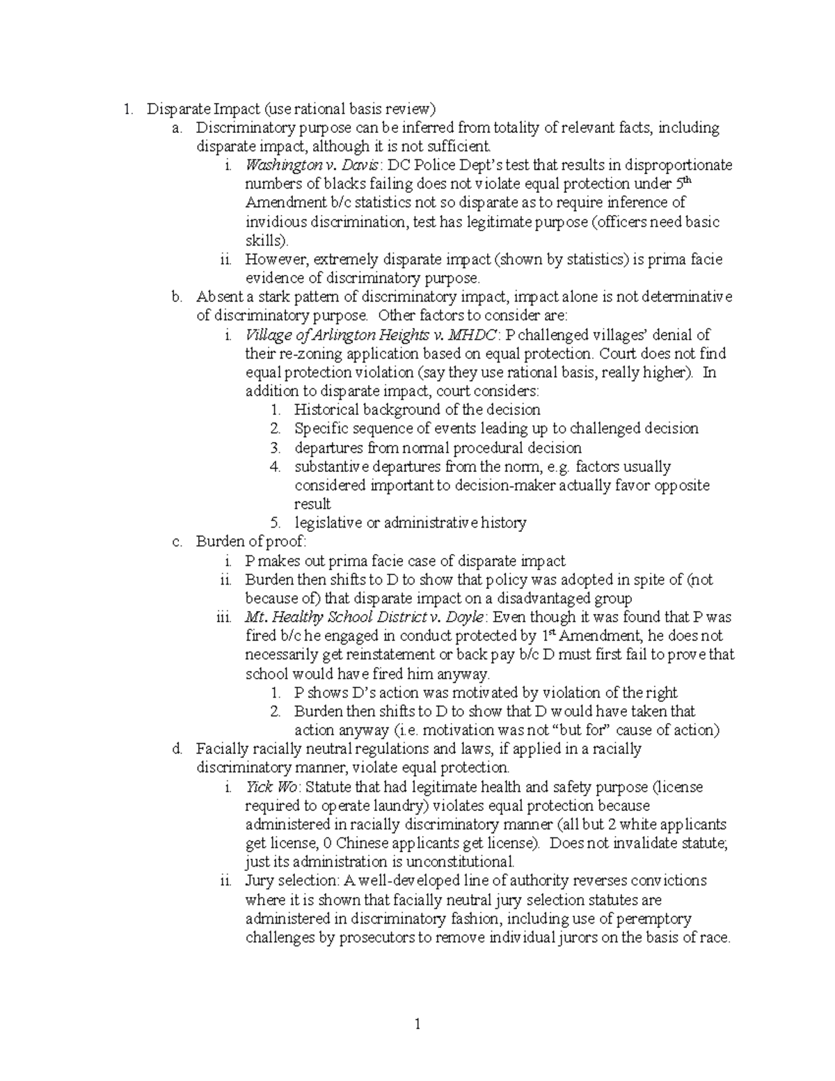 Constitutional Law Outline - 1 - Disparate Impact (use rational basis ...