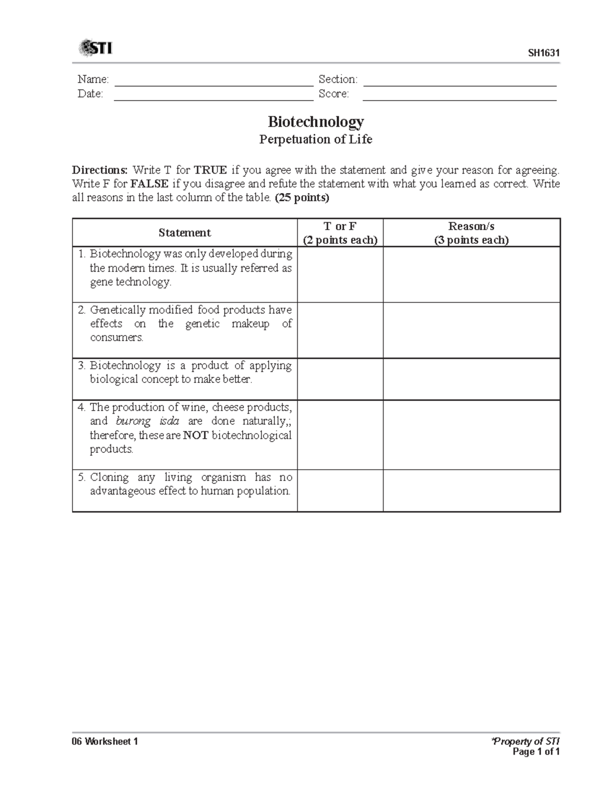 SH1631 - Earth and Life Science 06 Worksheet 1 - SH 06 Worksheet 1 ...