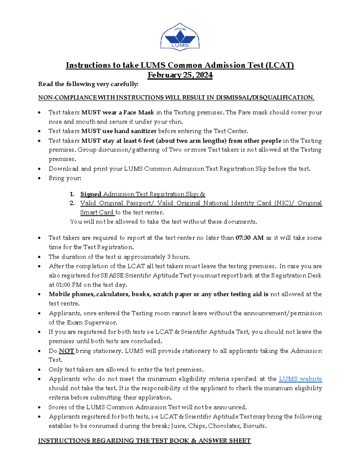 Instructions to take LUMS Common Admission Test- F - Instructions to ...